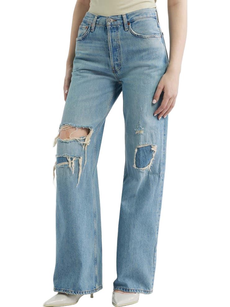 RE/DONE High-Waist Ripped and Repaired Wide Leg Jeans